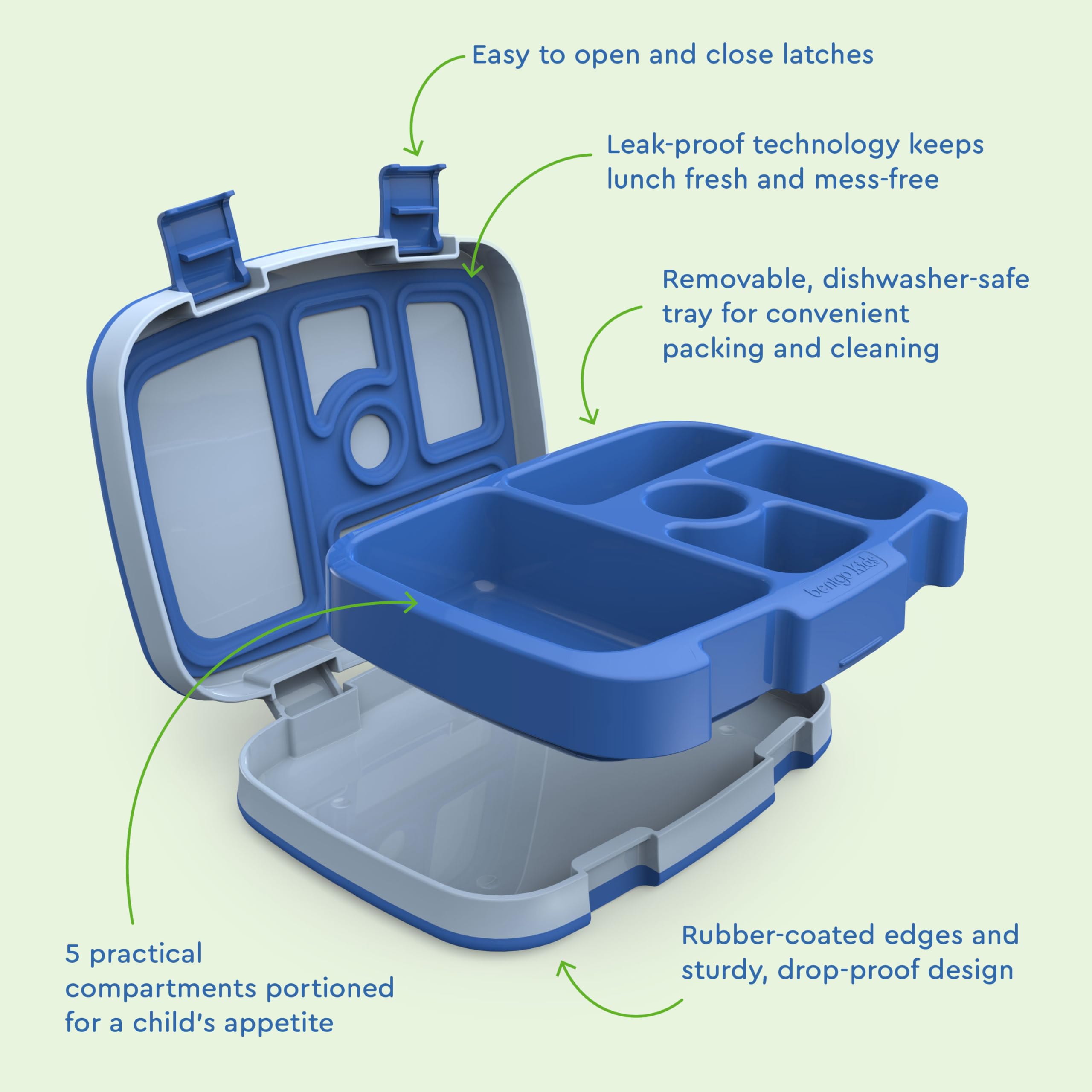 Bentgo® Kids Leak-Proof, 5-Compartment Bento-Style Kids Lunch Box - Ideal Portion Sizes for Ages 3 to 7, BPA-Free, Dishwasher Safe, Food-Safe Materials, 2-Year Warranty (Blue)
