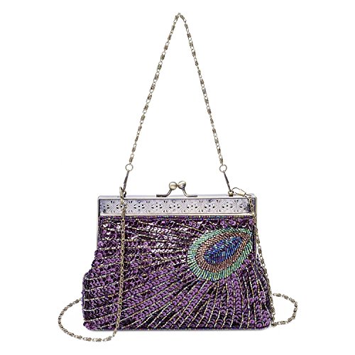 KISSCHIC Vintage Beaded Sequin Peacock Clutch Purse Evening Bags (Purple)