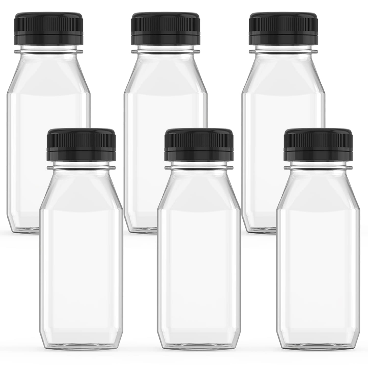 Hulless 6 Pcs 4 Ounce Plastic Juice Bottle Drink Containers Juicing Bottles with Black Lids, Suitable for Juice, Smoothies, Milk and Homemade Beverages, 120 mL