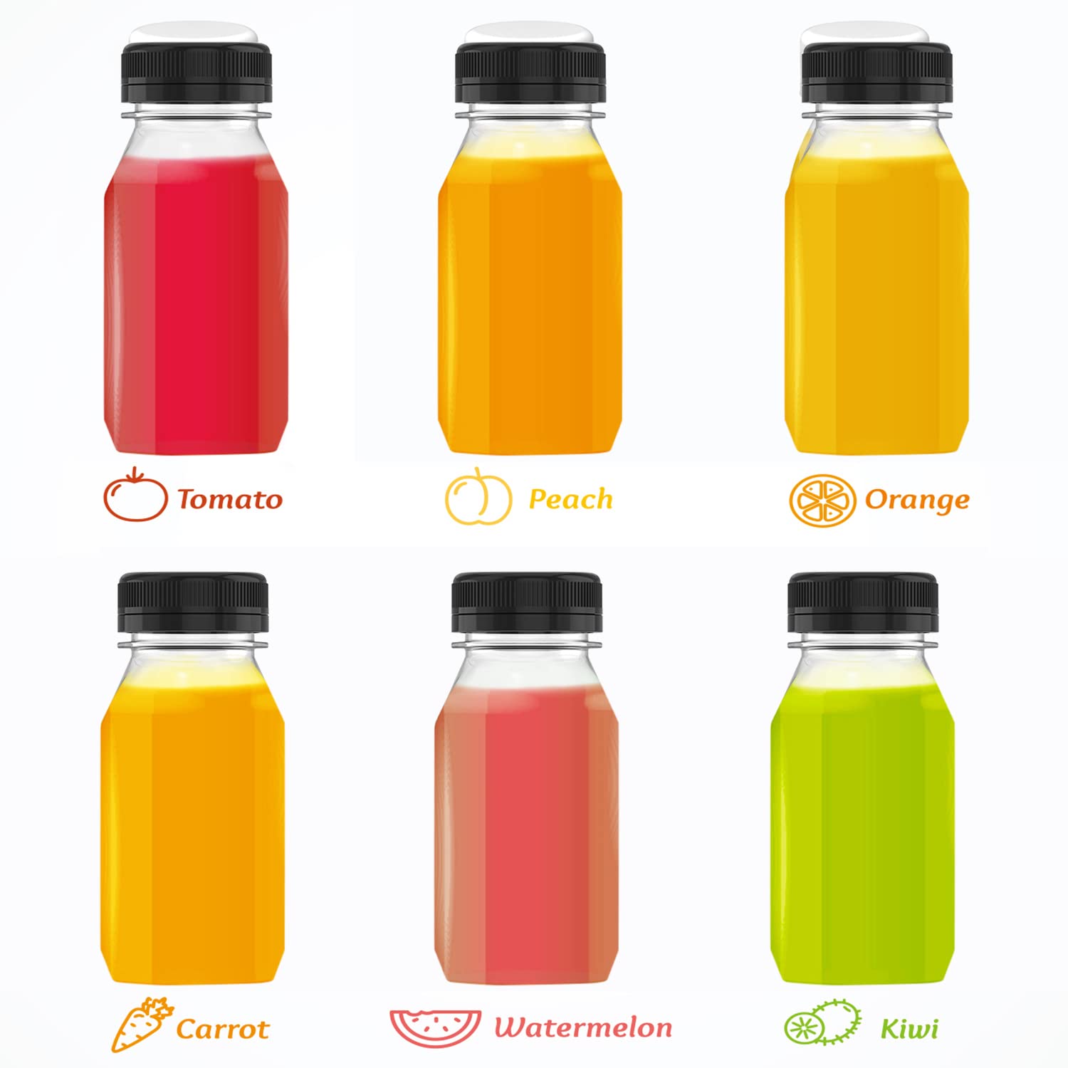 Hulless 6 Pcs 4 Ounce Plastic Juice Bottle Drink Containers Juicing Bottles with Black Lids, Suitable for Juice, Smoothies, Milk and Homemade Beverages, 120 mL