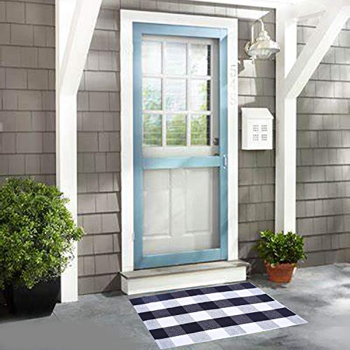 Cotton Rug Buffalo Checkered Plaid Rug Door Mat for Entry Way Washable Doormat Layering Mats(24" x 35", Black and White Plaid Rug)