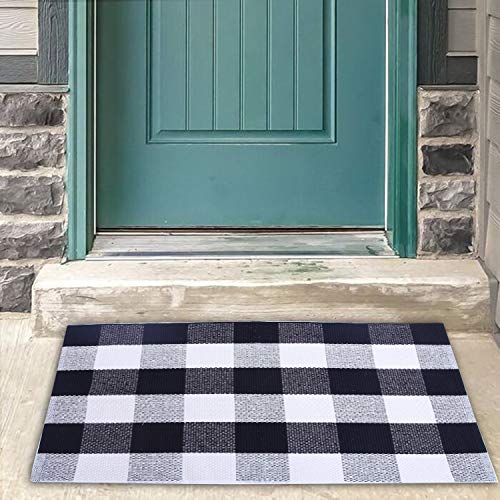 Cotton Rug Buffalo Checkered Plaid Rug Door Mat for Entry Way Washable Doormat Layering Mats(24" x 35", Black and White Plaid Rug)