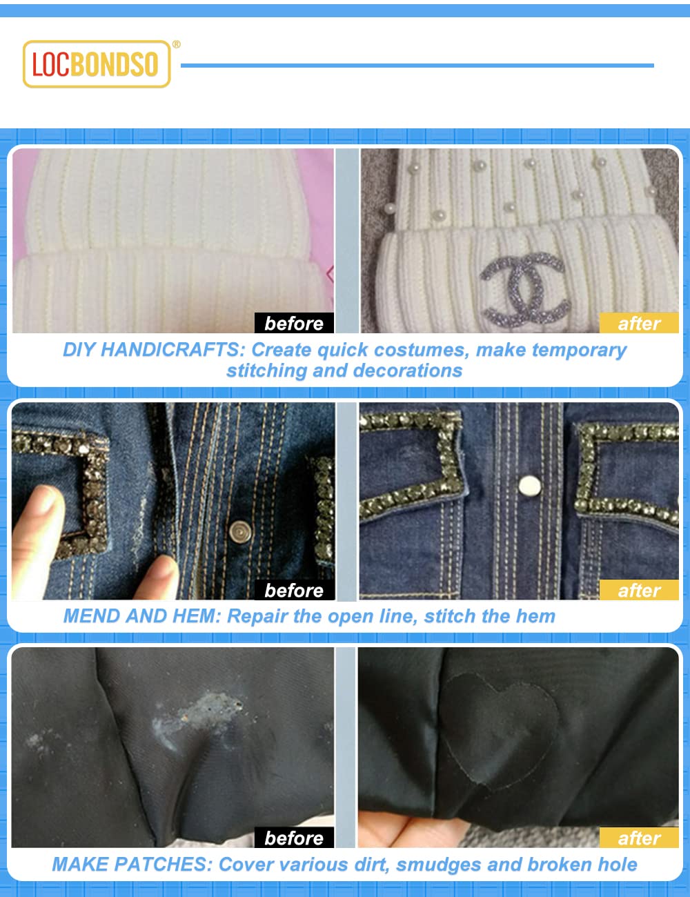 LOCBONDSO 1 Min Fast Dry Sew Glue Liquid Quick Bonding Reinforcing Fabric Adhesives DIY Speedy Fix for Denim Cotton Flannel Clothes Tent Curtain Leather Sofa Cover Polyester Gloves Doll Repair