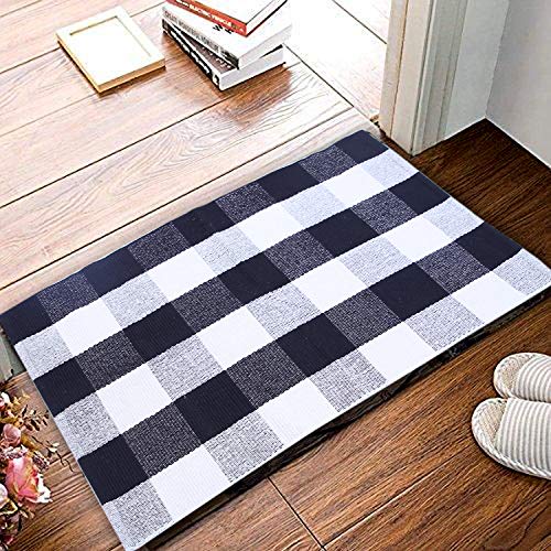 Cotton Rug Buffalo Checkered Plaid Rug Door Mat for Entry Way Washable Doormat Layering Mats(24" x 35", Black and White Plaid Rug)
