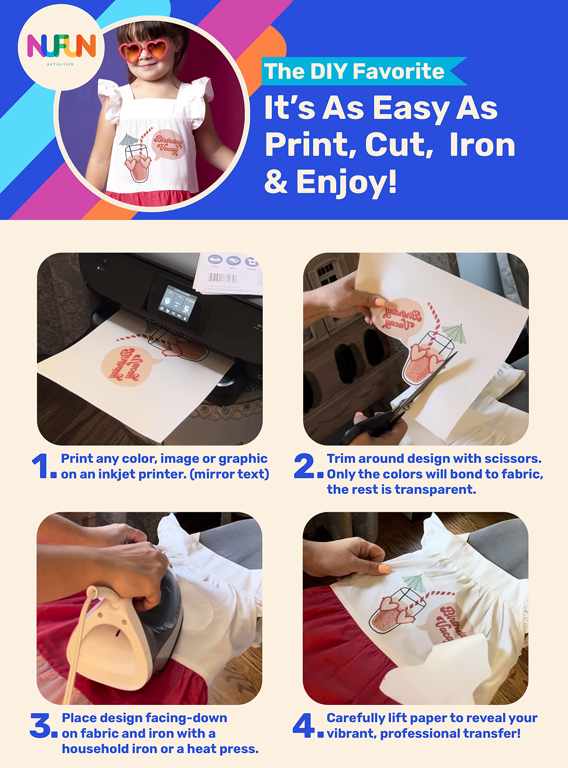 NuFun Activities Heat Transfer Paper for T Shirts, Light Fabrics, Inkjet Printable Iron-On Heat, 8.5 x 11 inch, Make Your own Custom T-Shirt (6 Sheets)