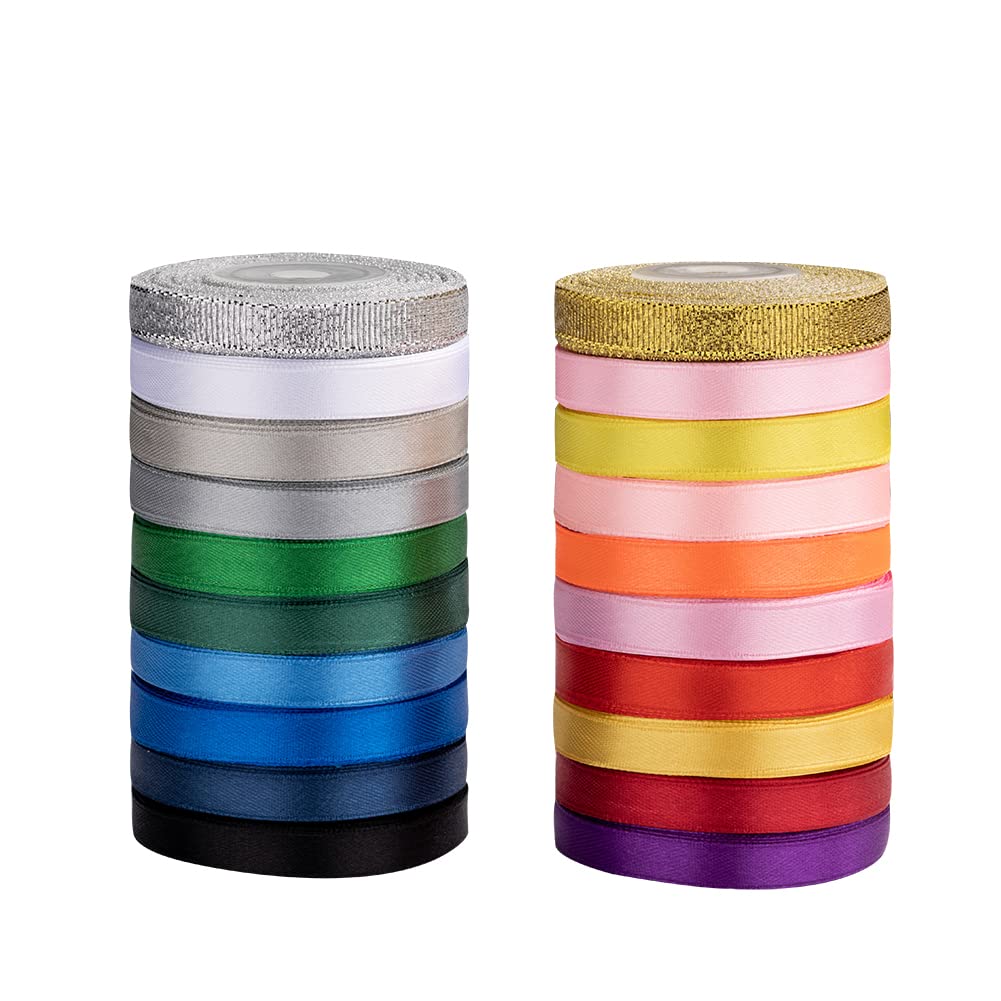 20 Colors 300 Yard Double Faced Polyester Satin Ribbon -18 Ribbon Rolls & 2 Glitter Metallic Ribbon,3/8" X 15 Yard/Roll,Perfect for Christmas Gift Wrapping,Hair Bows & Other Craft Projects