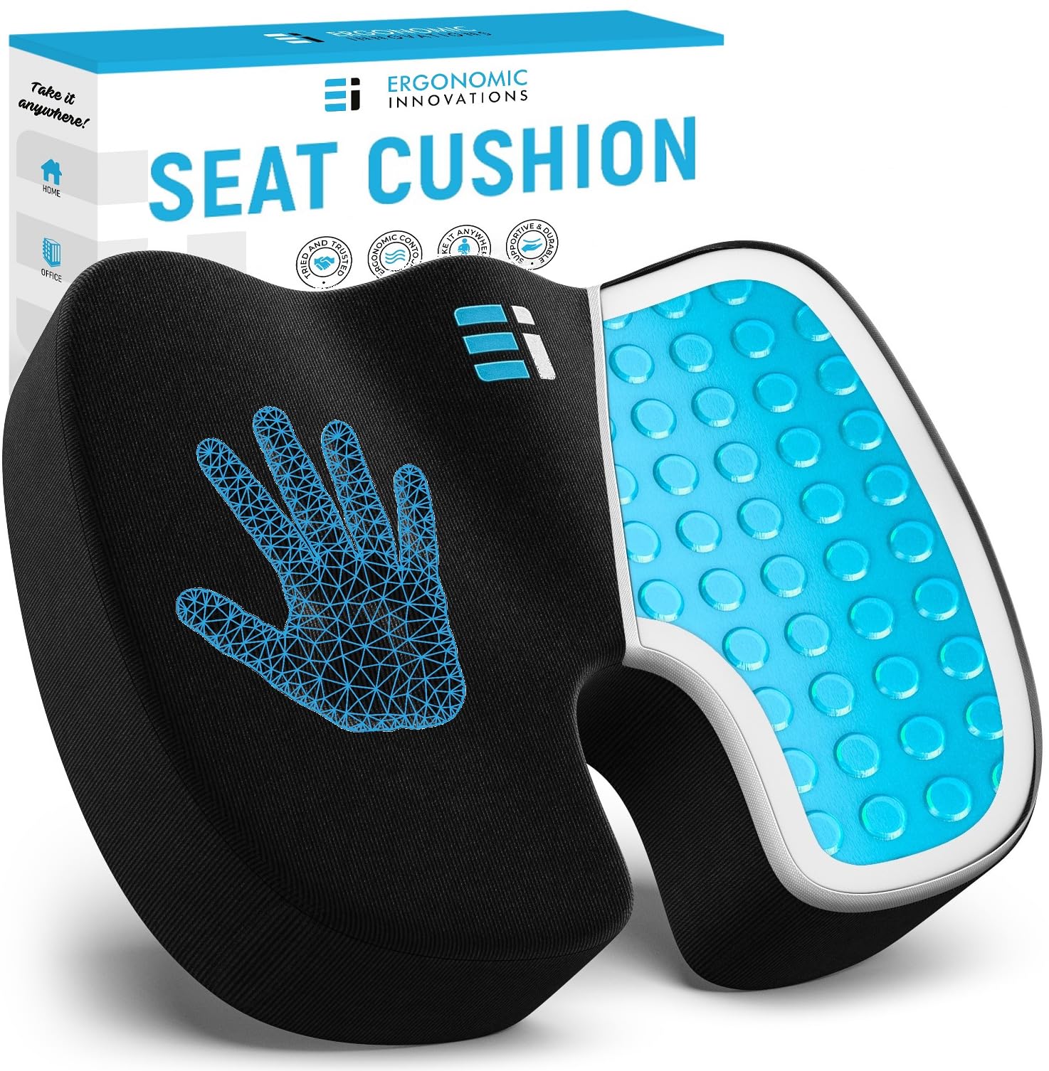 Ergonomic Innovations Gel Enhanced Memory Foam Seat Cushion for Office Chair, Coccyx Lower Back Support Tailbone Pain Relief Cushions, Work Chair Pad Pillow, Sciatica, Butt, Desk Chair Cushion