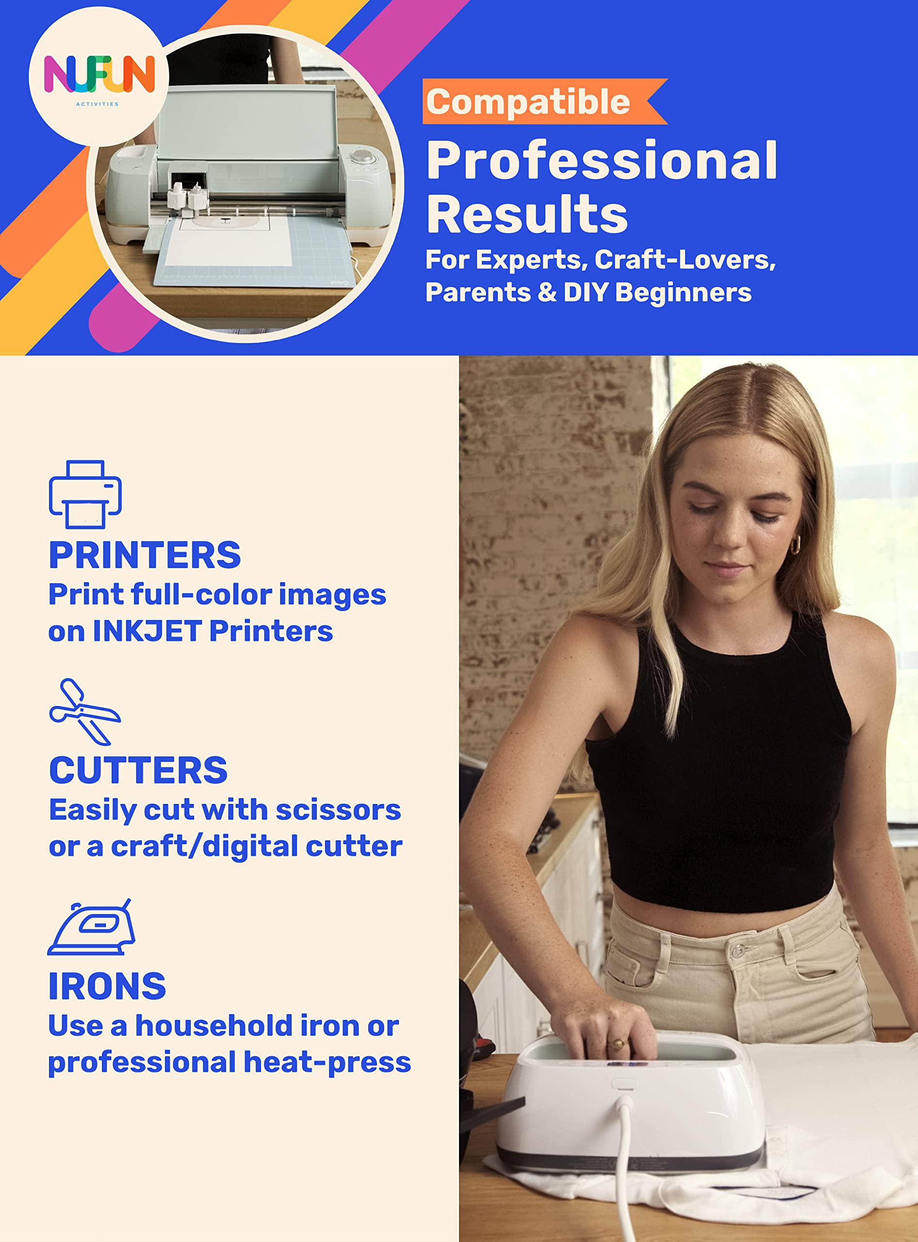 NuFun Activities Heat Transfer Paper for T Shirts, Light Fabrics, Inkjet Printable Iron-On Heat, 8.5 x 11 inch, Make Your own Custom T-Shirt (6 Sheets)