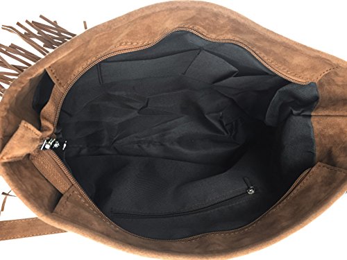 HOXIS Tassel Faux Suede Leather Hobo Cross Body Shoulder Bag Womens Sling Bag (Black1)