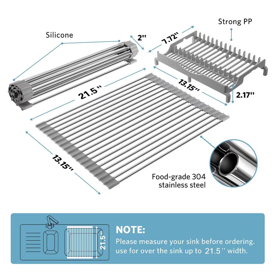 EMIERAI Upgraded Roll Up Dish Drying Rack(17.1β x 13.1β) Over Sink Dish Drainer Foldable Stainless Steel Trivet for Kitchen Countertop