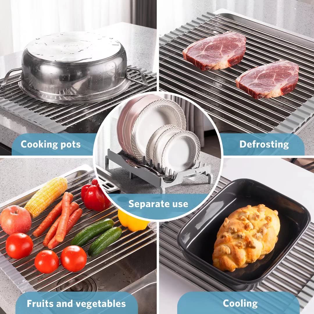 EMIERAI Upgraded Roll Up Dish Drying Rack(17.1β x 13.1β) Over Sink Dish Drainer Foldable Stainless Steel Trivet for Kitchen Countertop