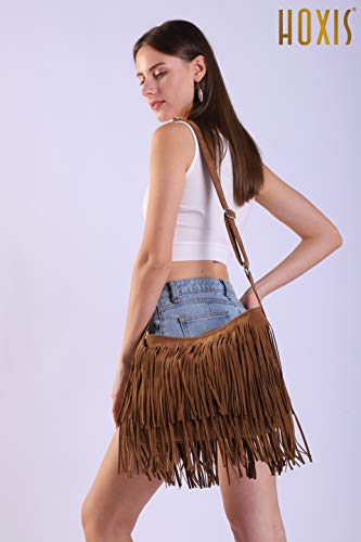 HOXIS Tassel Faux Suede Leather Hobo Cross Body Shoulder Bag Womens Sling Bag (Black1)