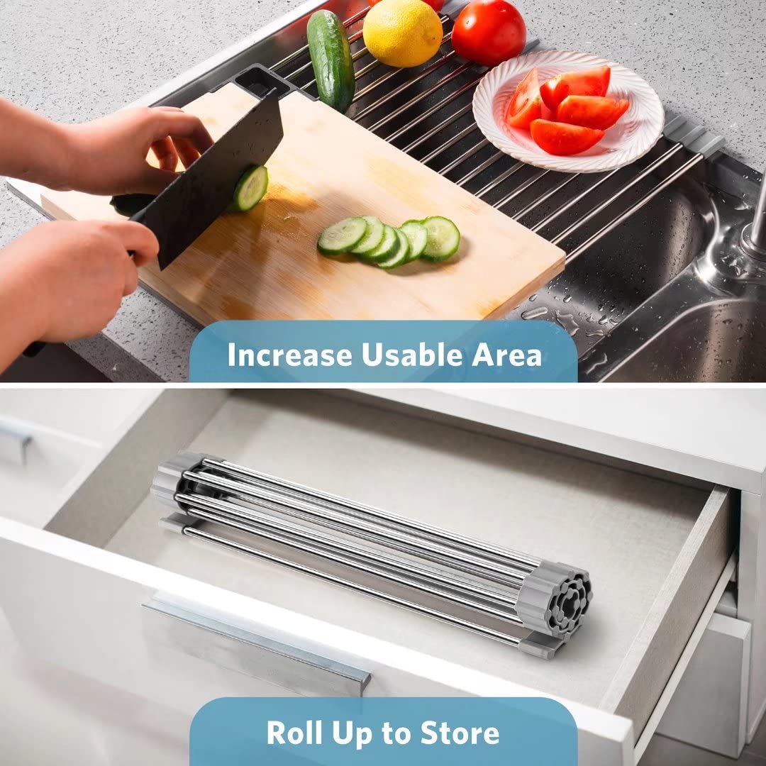 EMIERAI Upgraded Roll Up Dish Drying Rack(17.1β x 13.1β) Over Sink Dish Drainer Foldable Stainless Steel Trivet for Kitchen Countertop