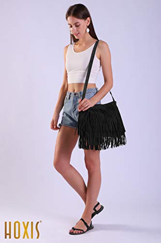 HOXIS Tassel Faux Suede Leather Hobo Cross Body Shoulder Bag Womens Sling Bag (Black1)
