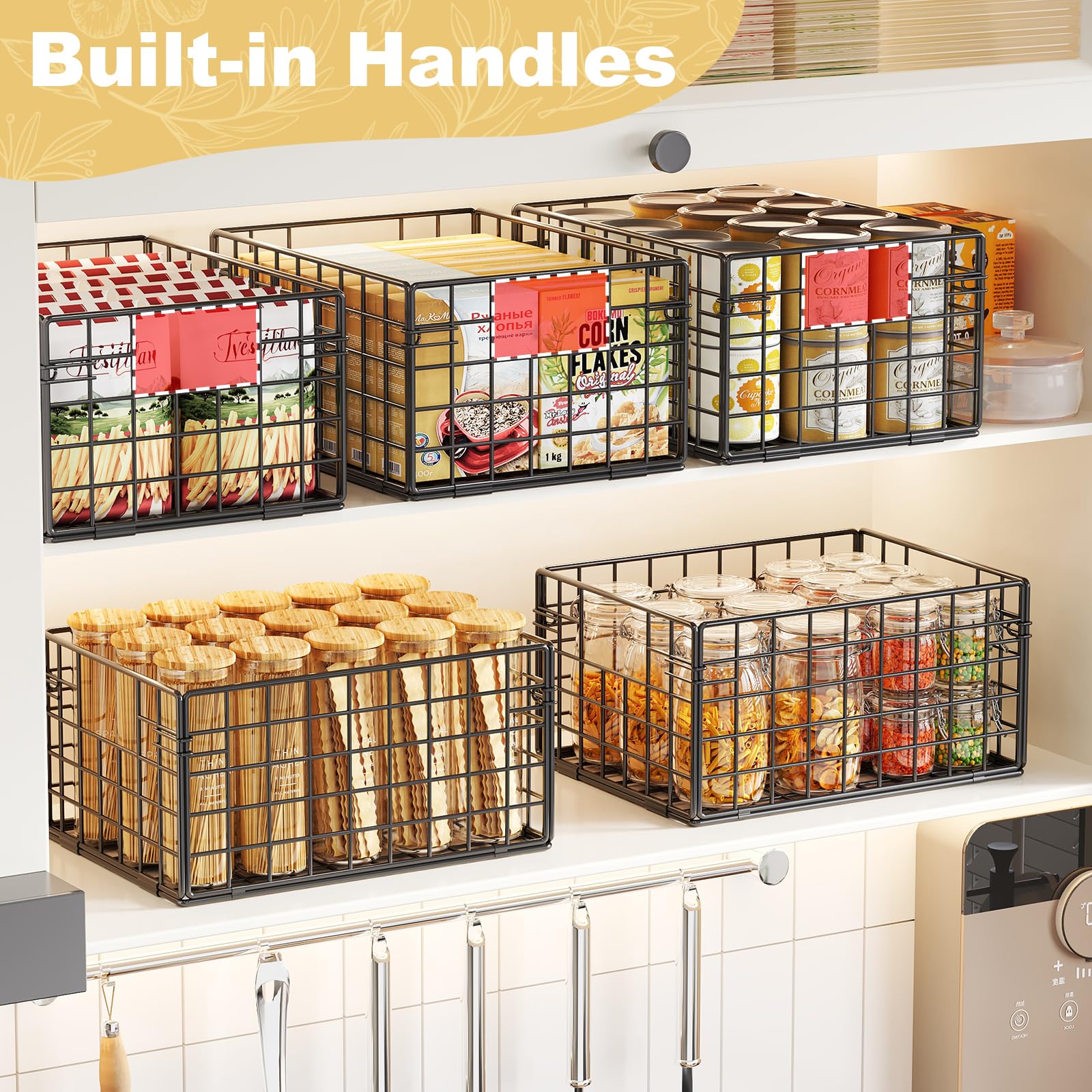 X-cosrack Foldable Cabinet Wall Mount Metal Wire Basket Organizer Pantry Basket with Handles - 4 Pack -12" x 9" X 6", Food Storage Mesh Bin for Kitchen Bathroom Laundry Closet Garage Patent Design