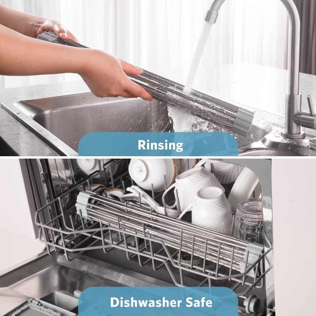 EMIERAI Upgraded Roll Up Dish Drying Rack(17.1β x 13.1β) Over Sink Dish Drainer Foldable Stainless Steel Trivet for Kitchen Countertop