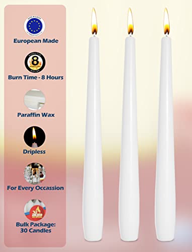 Classic White Taper Candles - 10 Inch – 30 Bulk Pack – for Shabbat, Dinner Tables, Restaurants, Ceremonies and Emergency - 8 Hour Burn Time