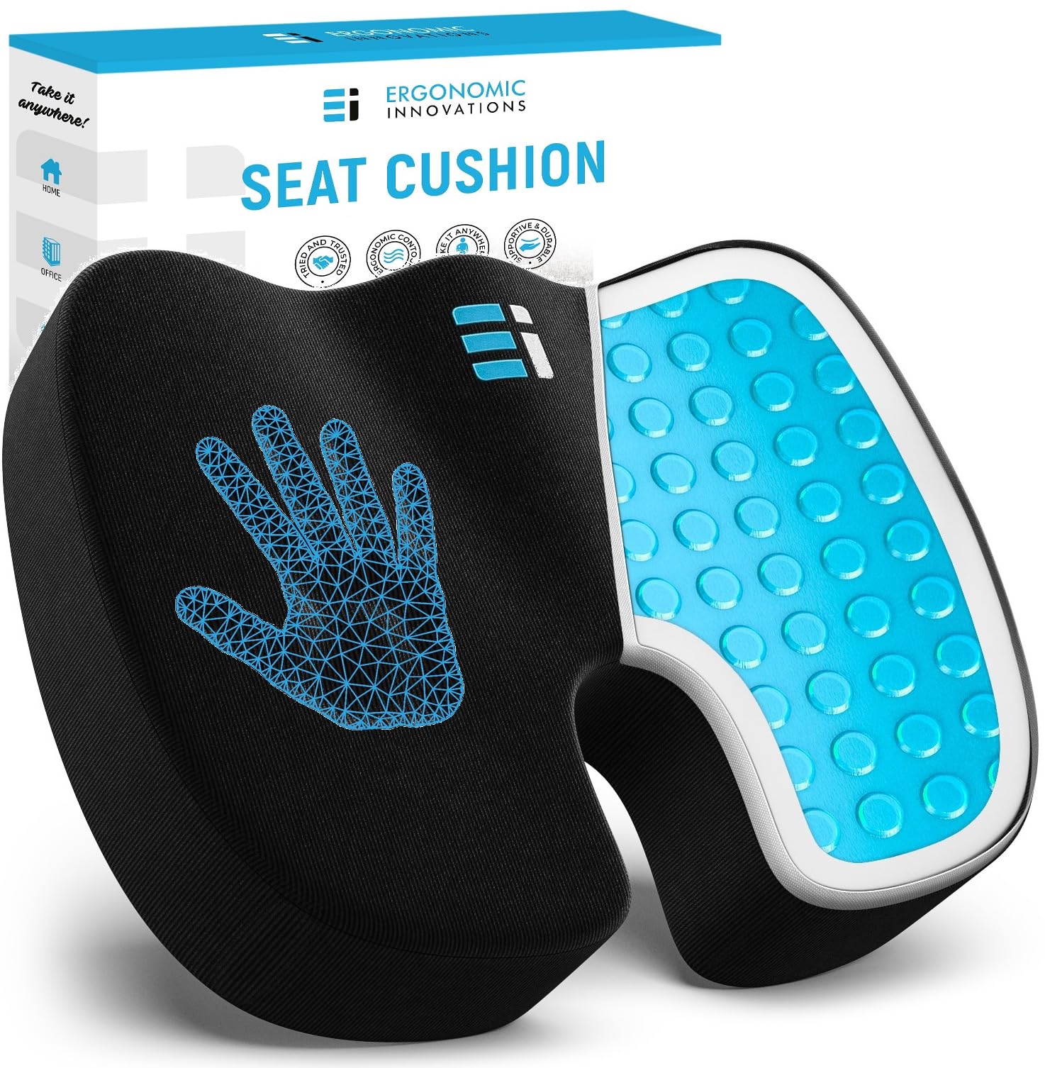 Ergonomic Innovations Gel Enhanced Memory Foam Seat Cushion for Office Chair, Coccyx Lower Back Support Tailbone Pain Relief Cushions, Work Chair Pad Pillow, Sciatica, Butt, Desk Chair Cushion