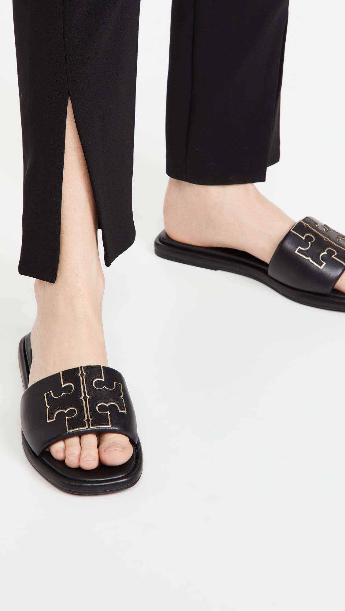 Tory Burch Women's Double T Sport Slides, Perfect Black/Gold, 7 Medium US