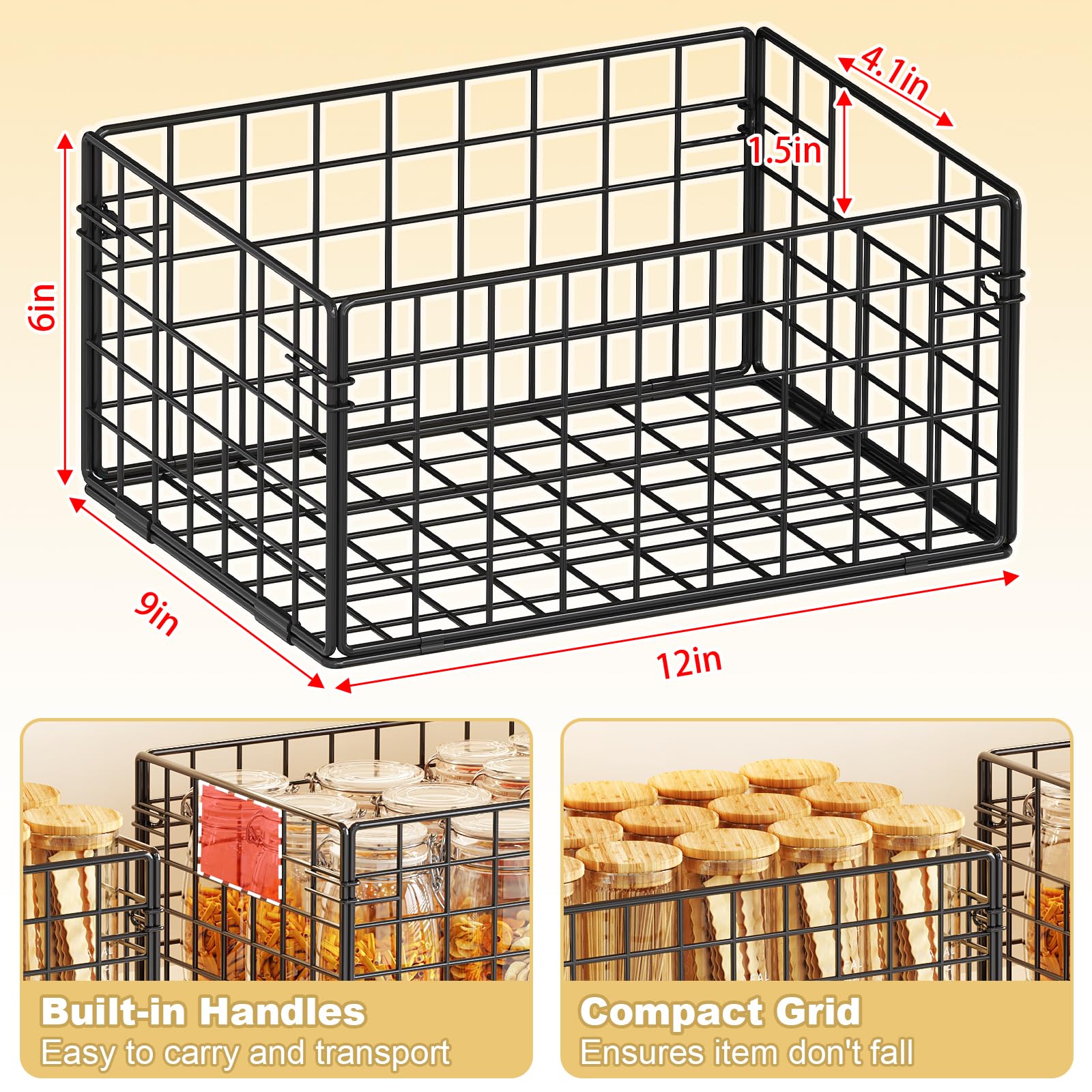 X-cosrack Foldable Cabinet Wall Mount Metal Wire Basket Organizer Pantry Basket with Handles - 4 Pack -12" x 9" X 6", Food Storage Mesh Bin for Kitchen Bathroom Laundry Closet Garage Patent Design