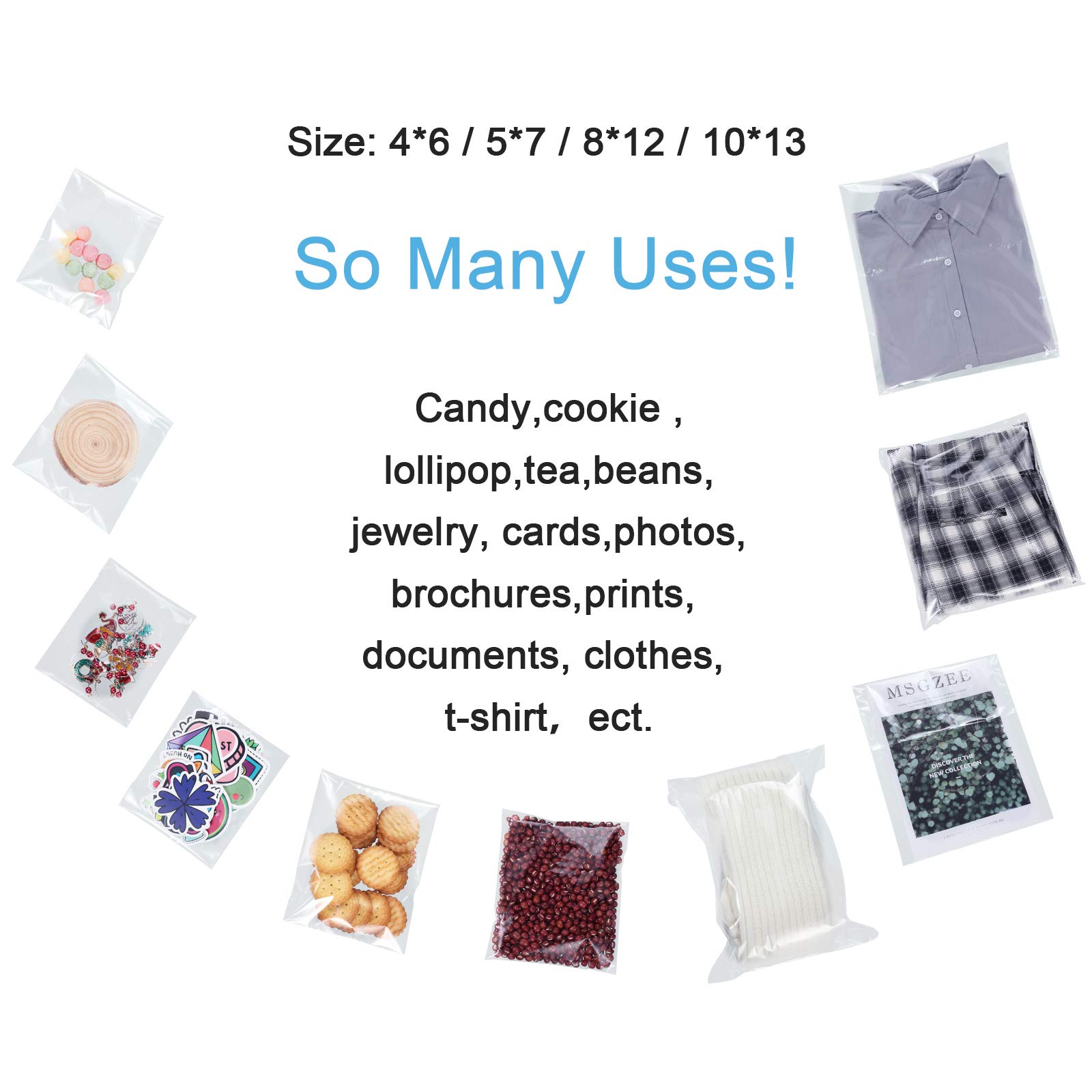 Geyoga 4 Size 240 Pieces Clear Plastic Cello Bag Resealable Self Sealing Cellophane Bag for Candy Cookies Decorative Wrapper (4 x 6 Inch, 5 x 7 Inch, 8 x 12 Inch, 10 x 13 Inch)