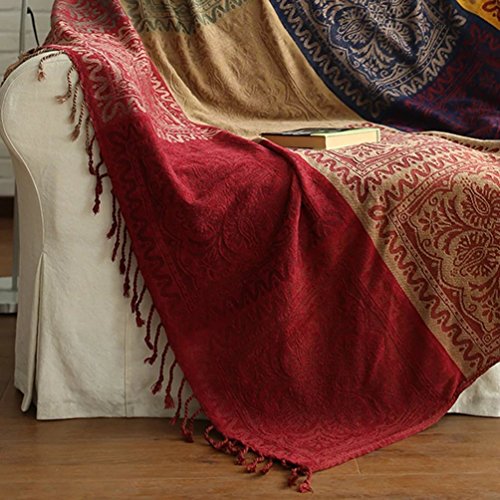 UNIGARDEN Chenille Jacquard Tassels Throw Blanket ,Soft Cozy Reversible Colorfu, Bohemian Throw Blankets Covers for Bed Couch Soft Chair (Tribal Pattern/B, Medium 60 inches x 75 inches)