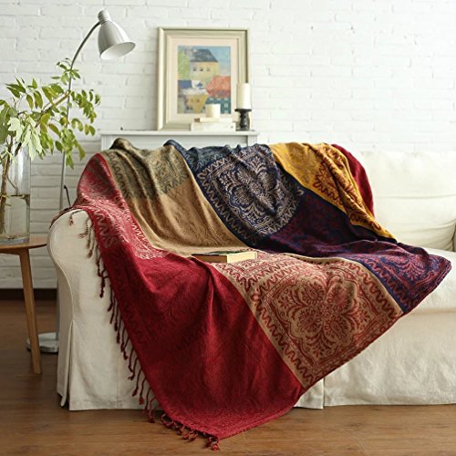 UNIGARDEN Chenille Jacquard Tassels Throw Blanket ,Soft Cozy Reversible Colorfu, Bohemian Throw Blankets Covers for Bed Couch Soft Chair (Tribal Pattern/B, Medium 60 inches x 75 inches)