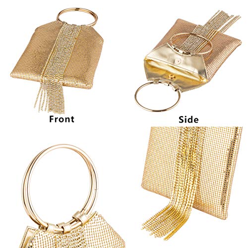 Wrist Handle Cocktail Party Wedding Evening Clutch Crystal Rhinestone Tassels Tote Handbag Metal Mesh Evening Bag