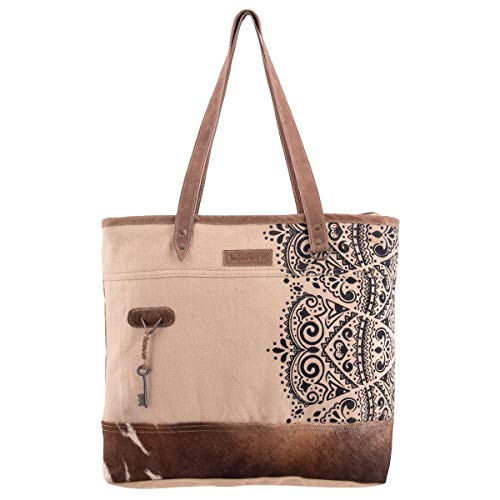 SIXTEASE Tote Bags for Women Large Tote Bag with Zipper Top - Genuine Leather Strap, Upcycled Canvas, Rug, Hair On and Hardware Accents - Vintage Style Hand Stitched - Emblem