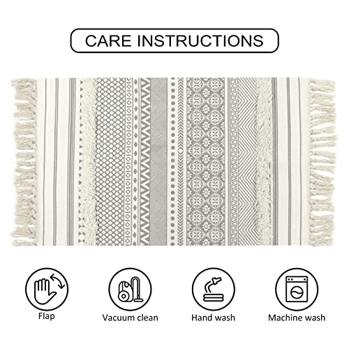 Seavish Boho Runner Rug,2x4.4 Cotton Area Rug Bedroom Rug Tufted Bohemian Geometric Hand Woven Fringe Throw Rugs Shag Accent Tassel Rug for Indoor Bathroom Kitchen Laundry Dorm