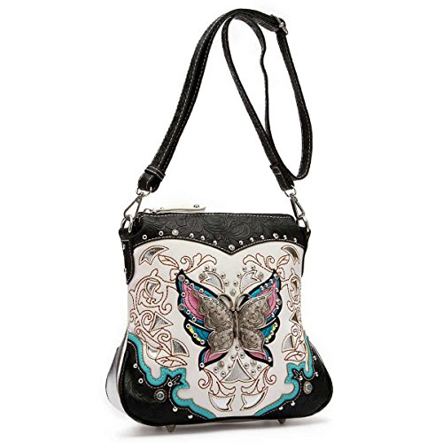 Western Style Butterfly Tooled Leather Women Purse Cross Body Handbag Concealed Carry Single Shoulder Bag (Black)