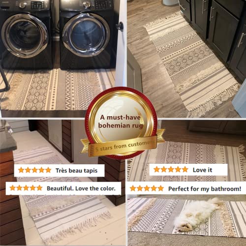Seavish Boho Runner Rug,2x4.4 Cotton Area Rug Bedroom Rug Tufted Bohemian Geometric Hand Woven Fringe Throw Rugs Shag Accent Tassel Rug for Indoor Bathroom Kitchen Laundry Dorm