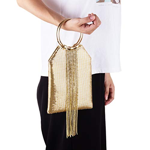 Wrist Handle Cocktail Party Wedding Evening Clutch Crystal Rhinestone Tassels Tote Handbag Metal Mesh Evening Bag