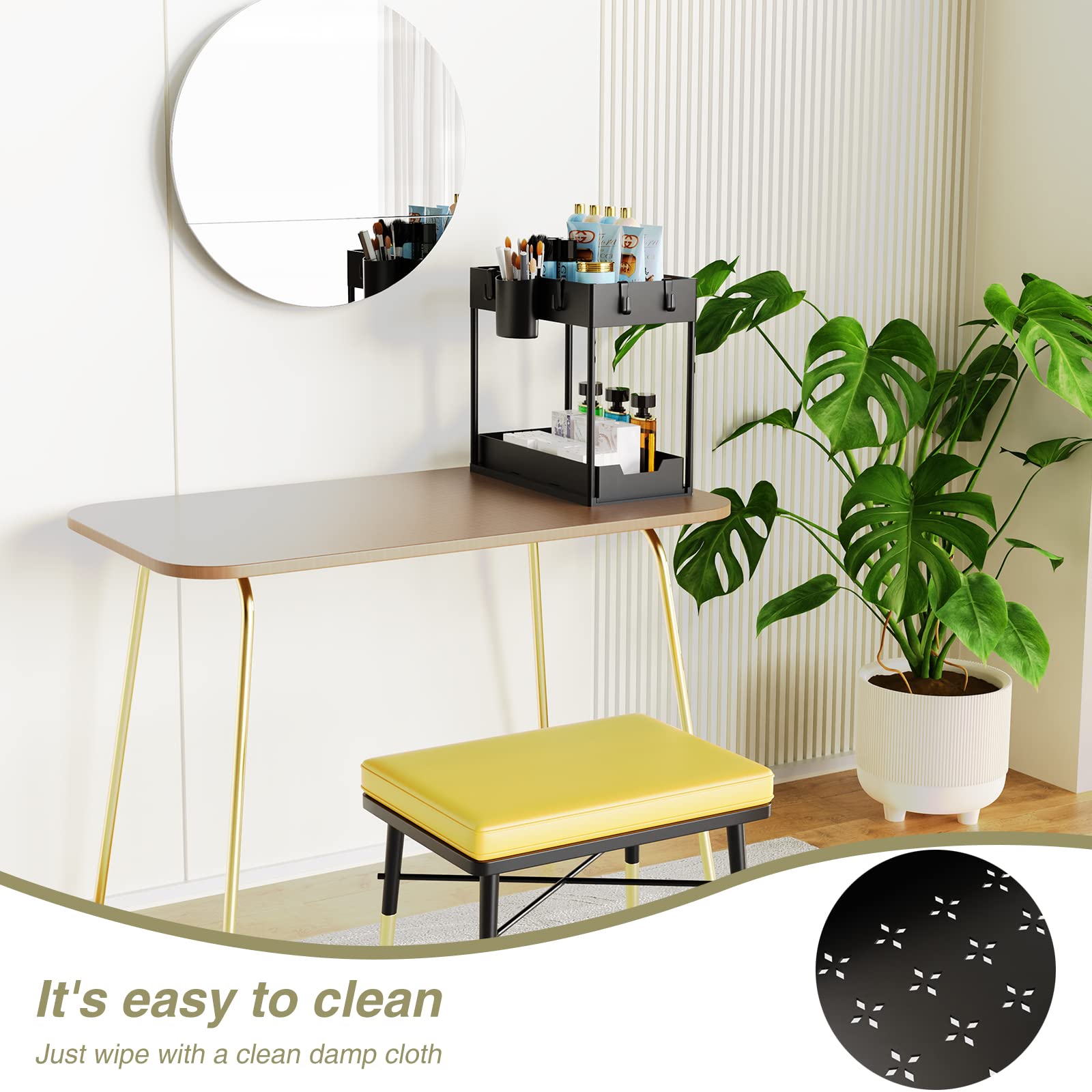 DEKYHOME Under Sink Organizer and Storage,Bathroom Organizer with 4 Hooks and 1 Hanging cup, Multi-purpose Storage Shelf for Bathroom Kitchen