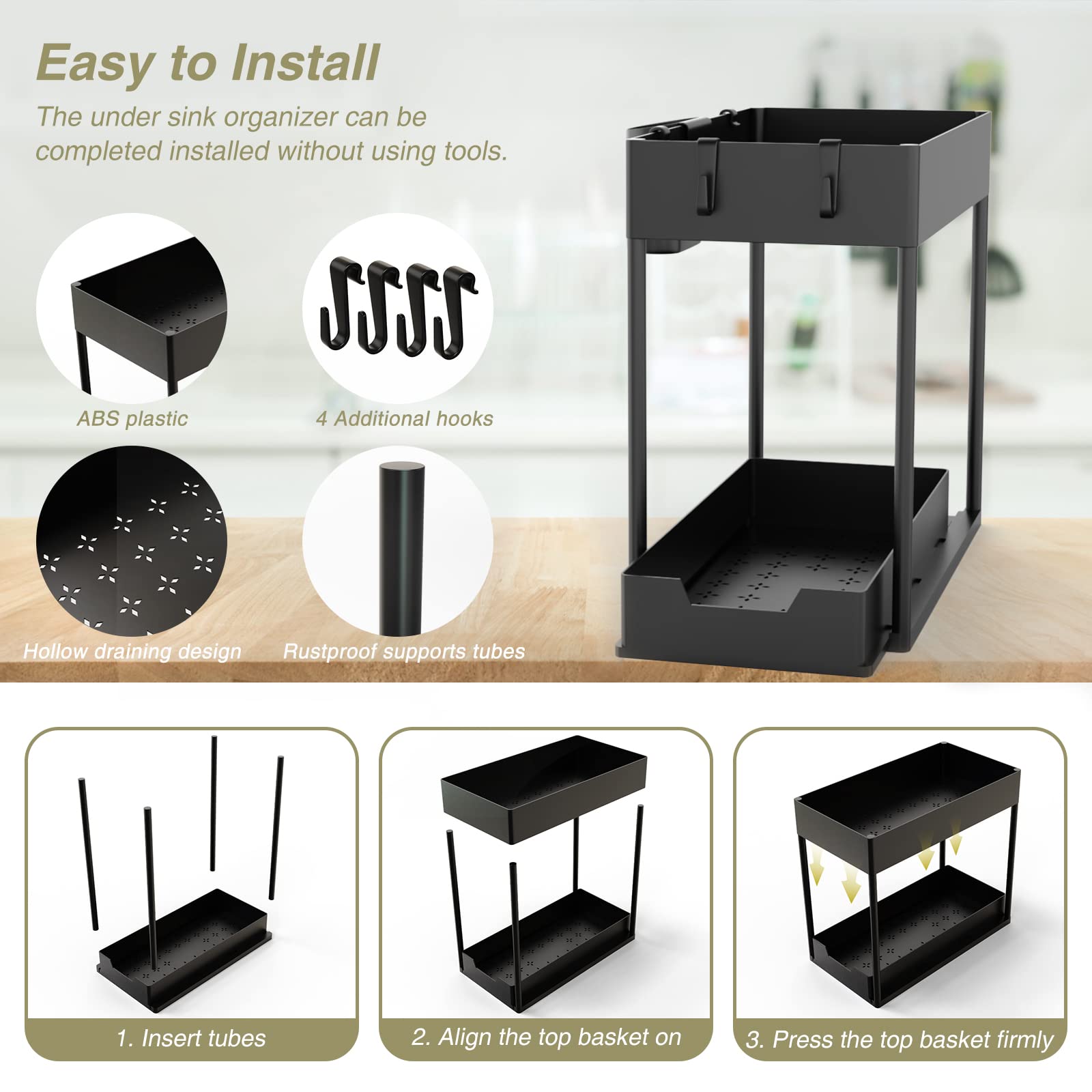DEKYHOME Under Sink Organizer and Storage,Bathroom Organizer with 4 Hooks and 1 Hanging cup, Multi-purpose Storage Shelf for Bathroom Kitchen