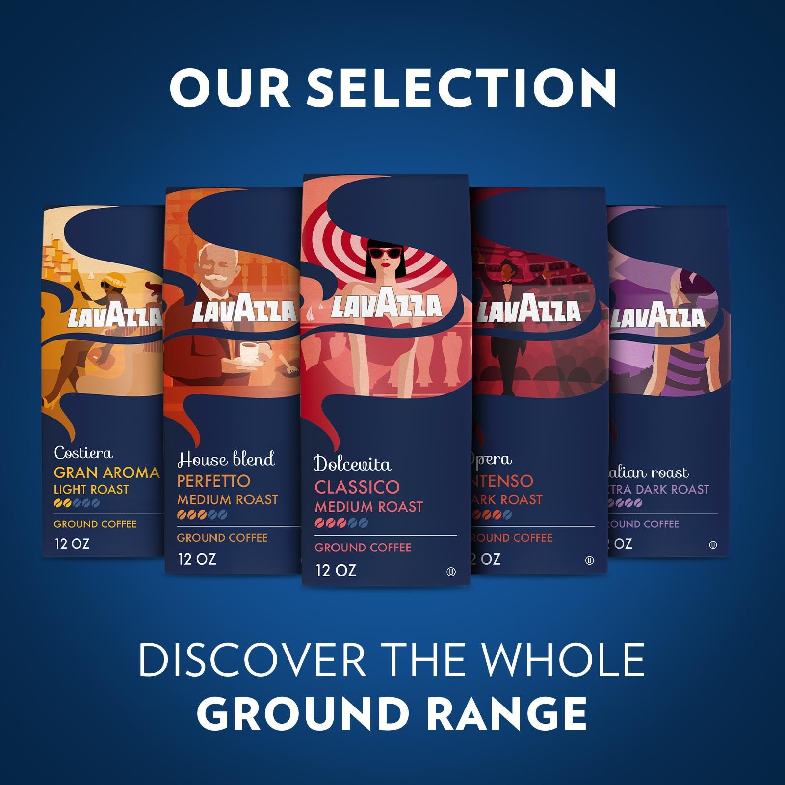 Lavazza Intenso Ground Coffee Blend, 12-Ounce Bag, Non-GMO, Full-bodied dark roast with flavor notes of Chocolate for a bold, rich result