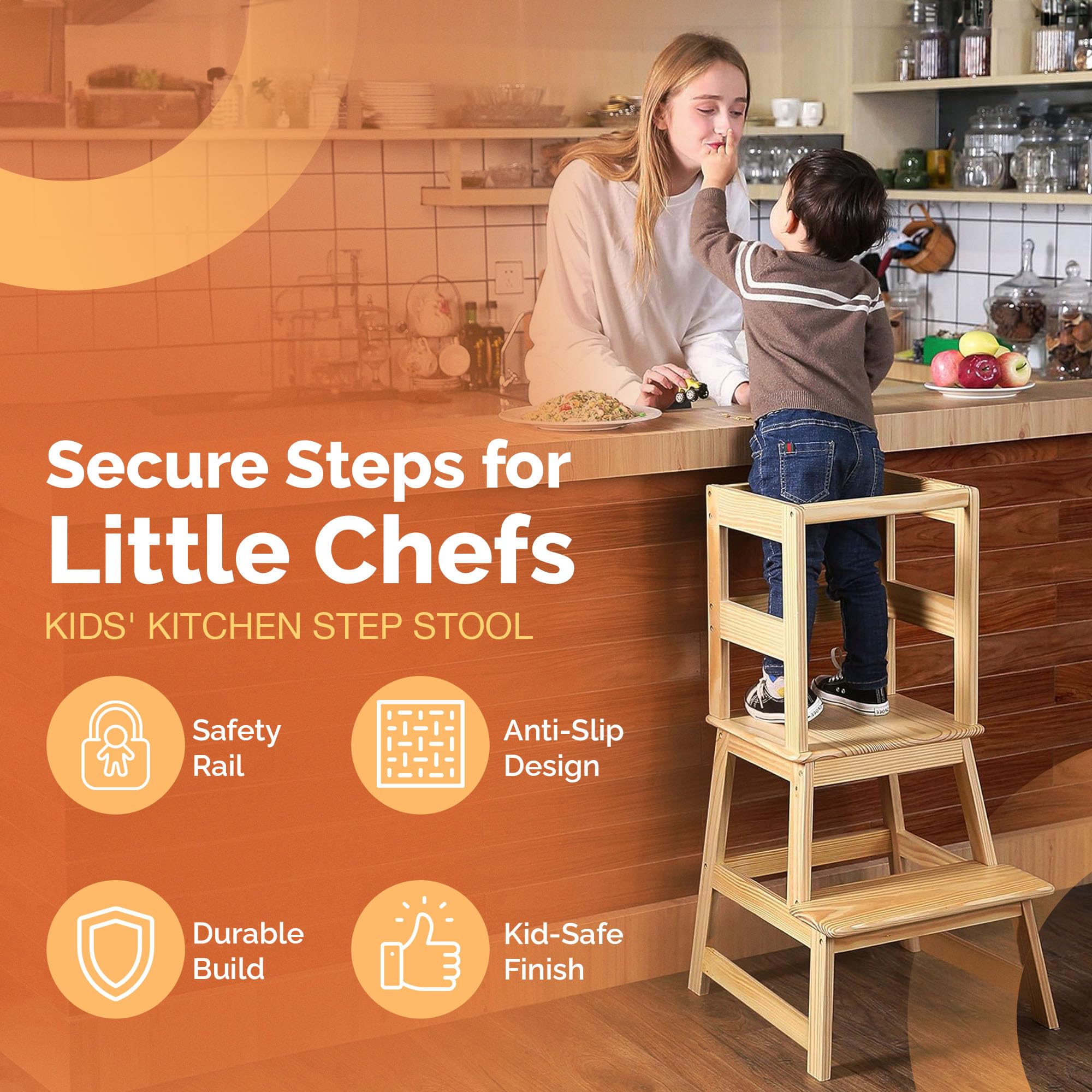 SDADI Kids Kitchen Step Stool with Safety Rail - for Toddlers 18 Months and Older, Natural LT01N