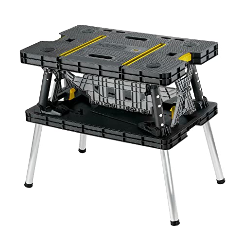 Keter - 197283 Folding Table Work Bench for Miter Saw Stand, Woodworking Tools and Accessories with Included 12 Inch Wood Clamps – Easy Garage Storage Black/Yellow
