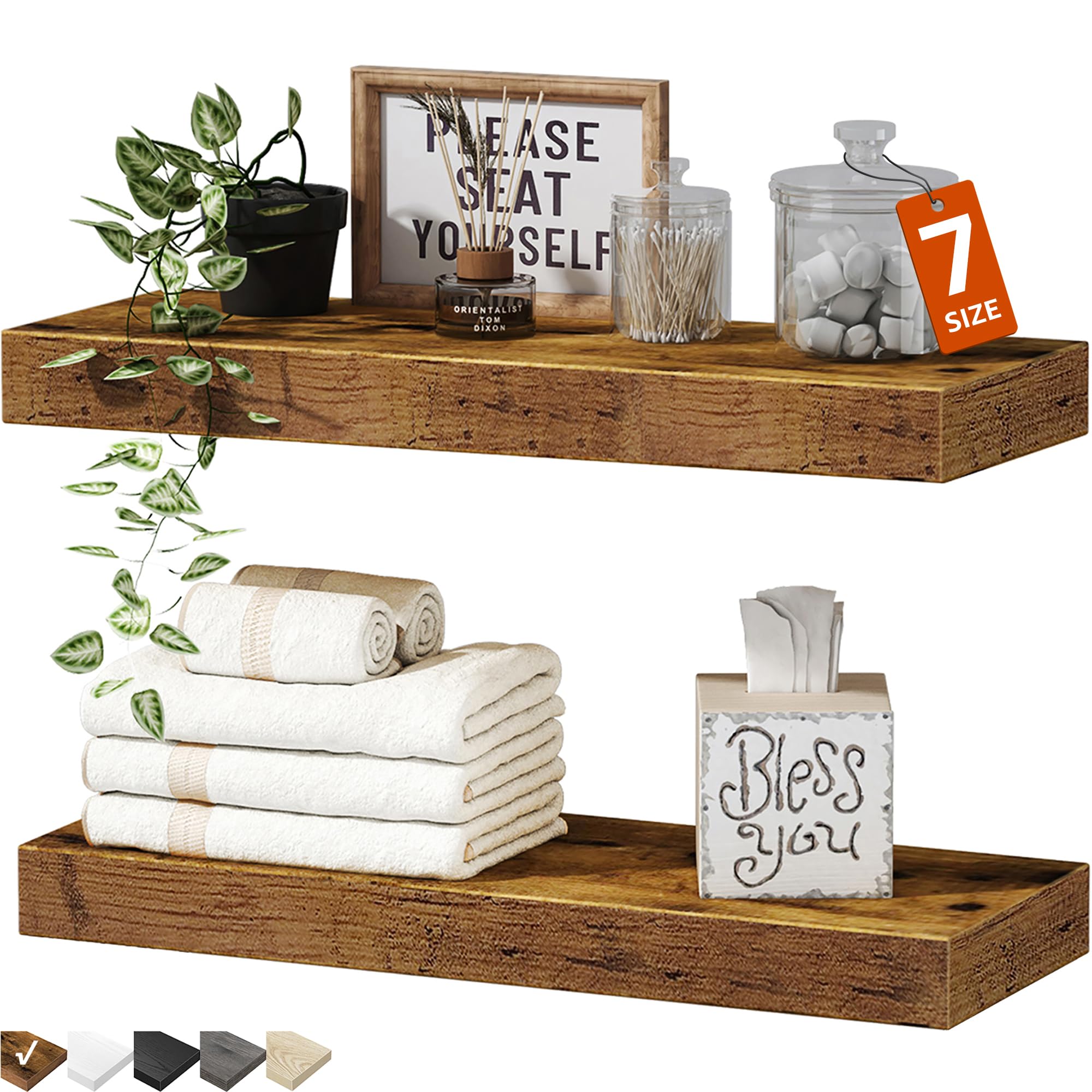 QEEIG Floating Shelves Bathroom Decor- Wall Mounted Shelf Bedroom Farmhouse Small 16 inch Set of 2, Rustic Brown (008-40BN)