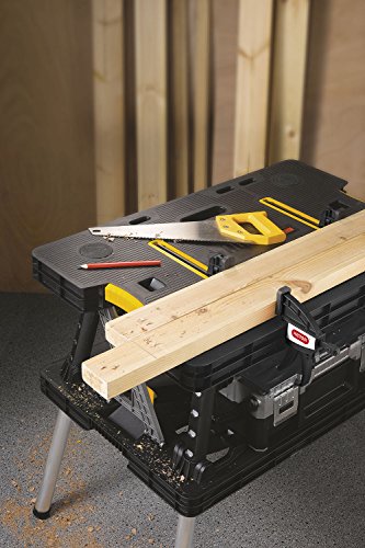 Keter - 197283 Folding Table Work Bench for Miter Saw Stand, Woodworking Tools and Accessories with Included 12 Inch Wood Clamps – Easy Garage Storage Black/Yellow