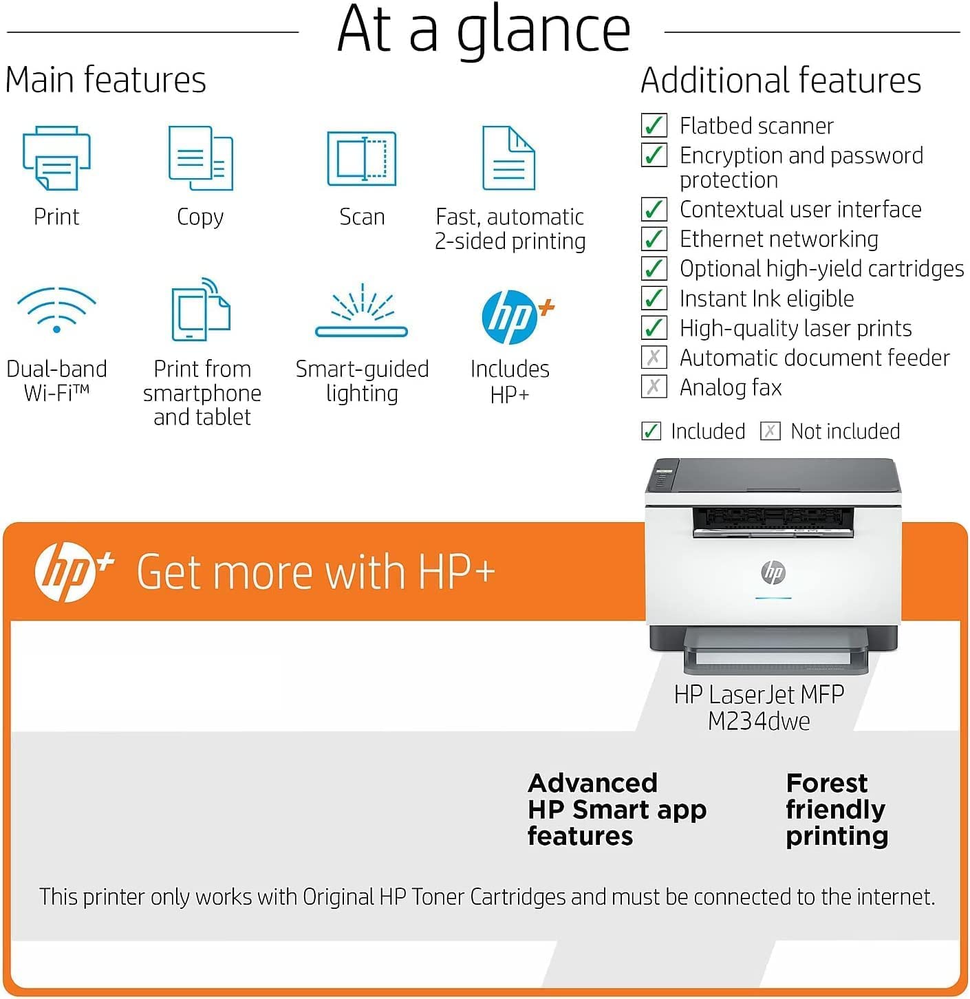 HP Laserjet MFP M234dwe All-in-One Wireless Monochrome Laser Printer, Print Scan Copy - 30 ppm, Up to 600 x 600 dpi, 8.5" x 14", Auto Duplex Printing, Bluetooth, Ethernet, Gray, Cbmou Printer_Cable