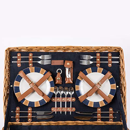 PICNIC TIME Windsor Luxury Wicker Picnic Basket, Deluxe Set for 4, Navy Blue