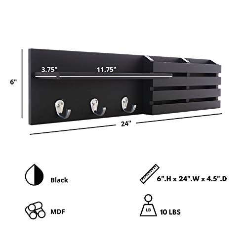kieragrace KG Sydney Wall Shelf and Mail Holder with 3 Hooks - Black, 24"