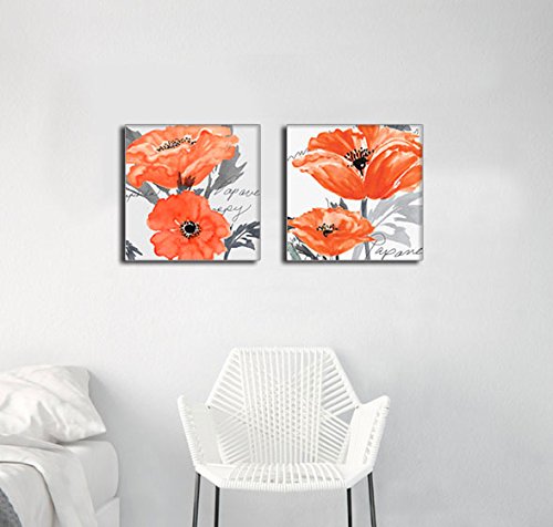 2 Pieces Orange and Gray Wall Decor Poppy Flower Canvas Art (Stretched Canvas)
