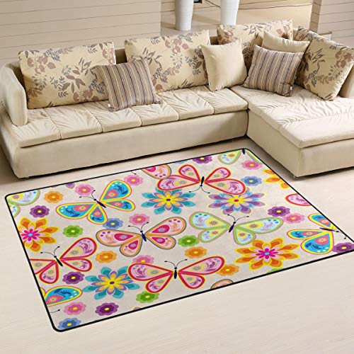 Linomo Area Rug Floral Butterfly Flower Floor Rugs Doormat Living Room Home Decor, Carpets Area Mats for Kids Boys Girls Bedroom 60 x 39 Inches