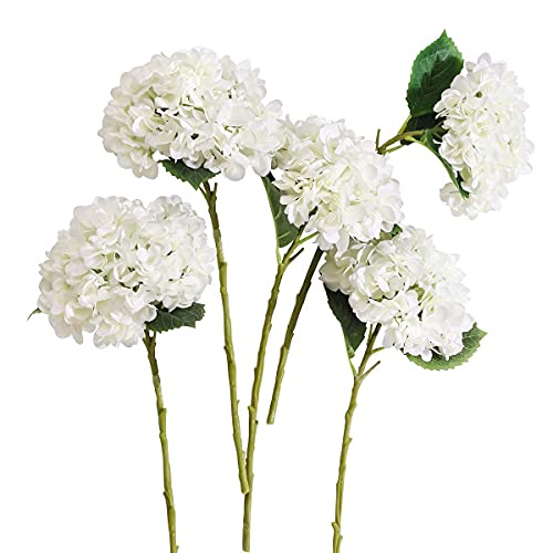 PARTY JOY 5PCS 15.4In Artificial Hydrangea Silk Flowers Bouquet Faux Hydrangea Stems for Wedding Centerpieces Home Decor (White, 5)
