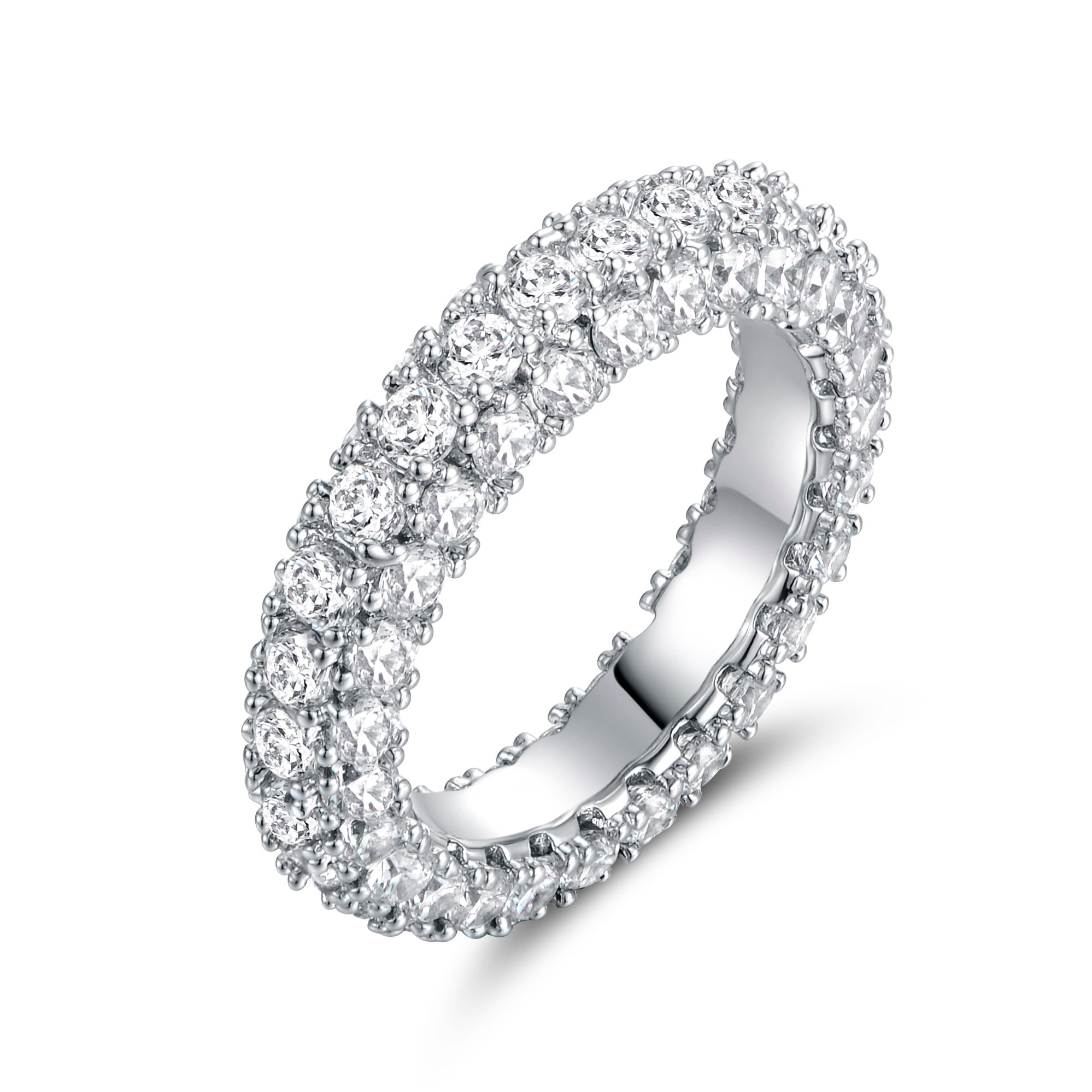 Barzel 3 Row Eternity Ring Wedding Band 18k White Gold Plated Cubic Zirconia Eternity Band Ring Jewelry (Silver, 8)