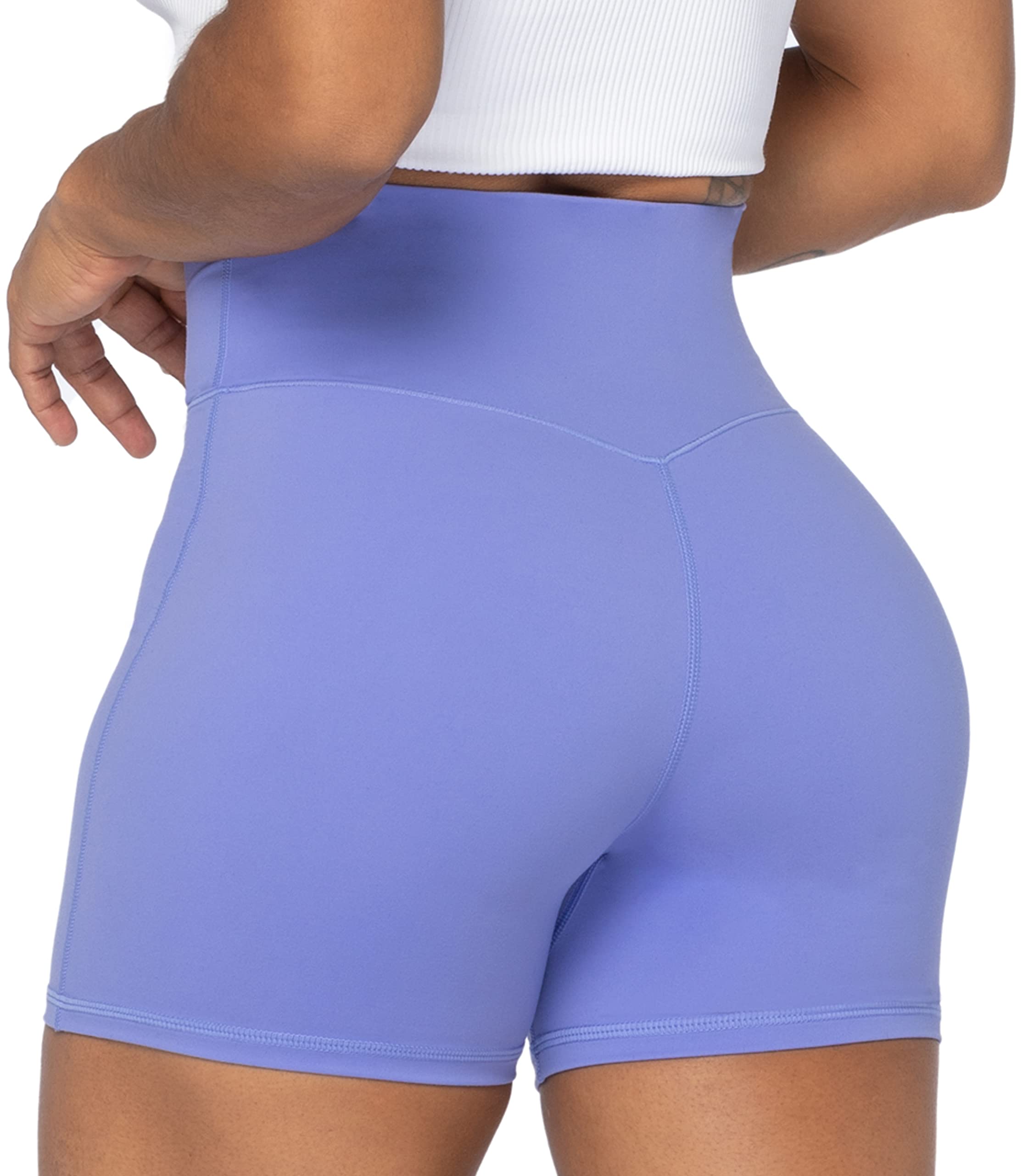 Sunzel Sunzfly Crossover Biker Shorts for Women, V Criss Cross High Waist Yoga Workout Gym Shorts with Tummy Control 4" Periwinkle Medium