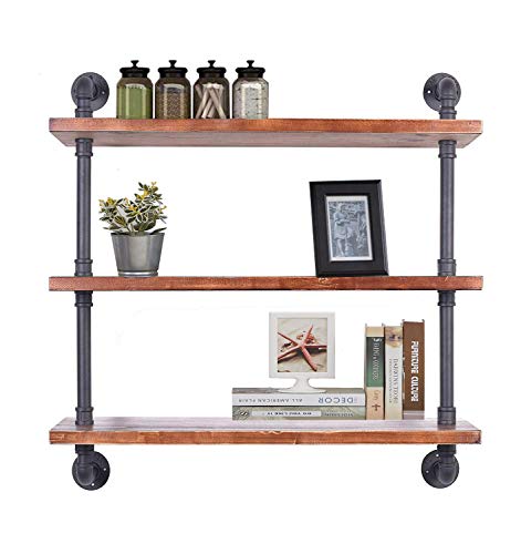 Diwhy Industrial Pipe Shelving Bookshelf Rustic Modern Wood Ladder Storage Shelf 3 Tiers Retro Wall Mount Pipe Design DIY Shelving (Black, L 36")