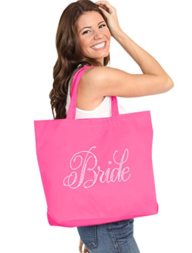 Bride Wedding Tote Bag - Rhinestone Flirty Bride Tote - 18" x 14" Premium Quality Bachelorette Party Gift Bag - Hot Pink